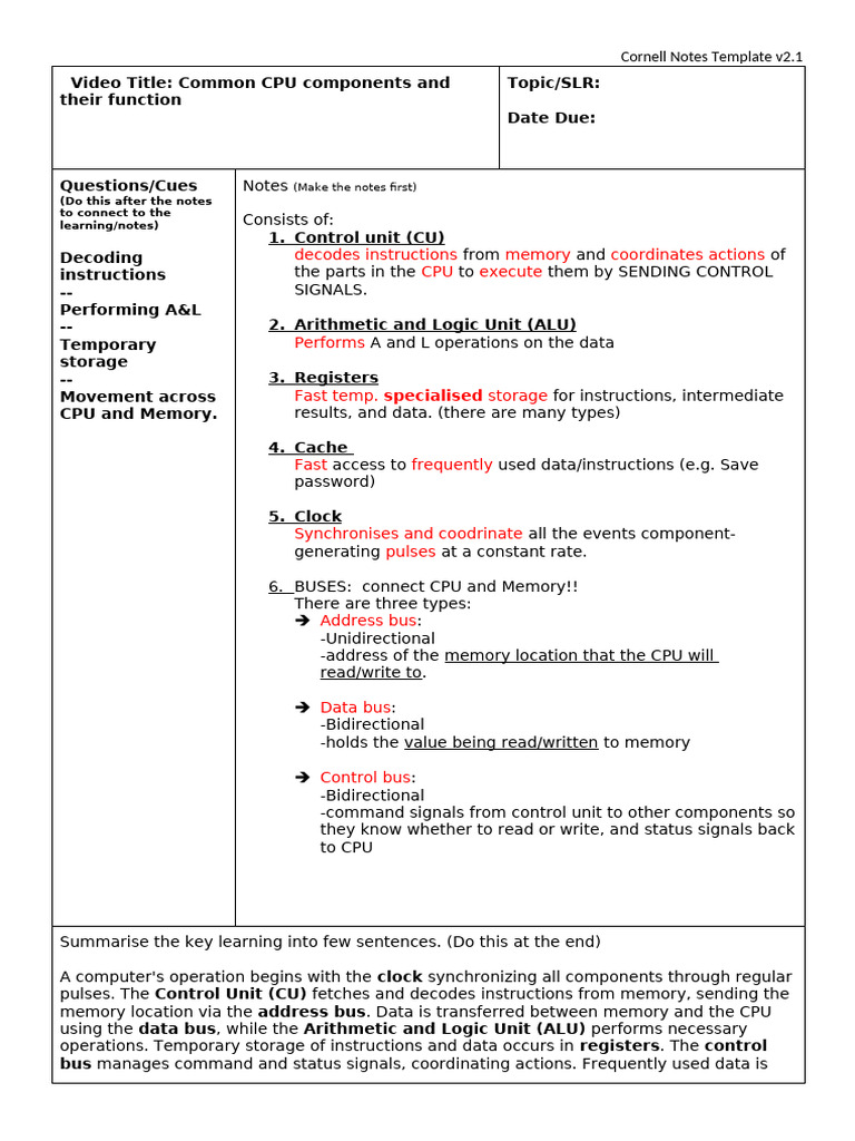SLR1 - Notes - Common CPU Components and Their Functions | PDF ...