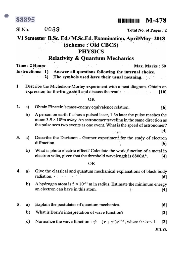 VI Sem. Physics May 2018 | PDF | Electron | Quantum Mechanics