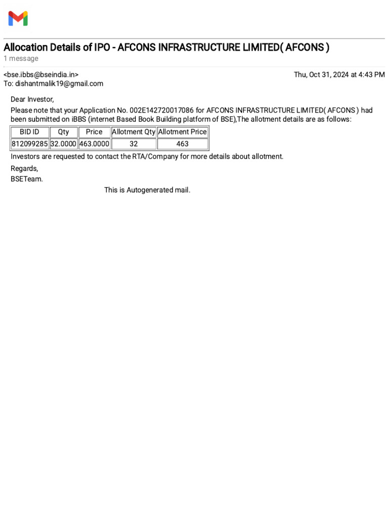 AFCONS IPO Allocation Details | PDF