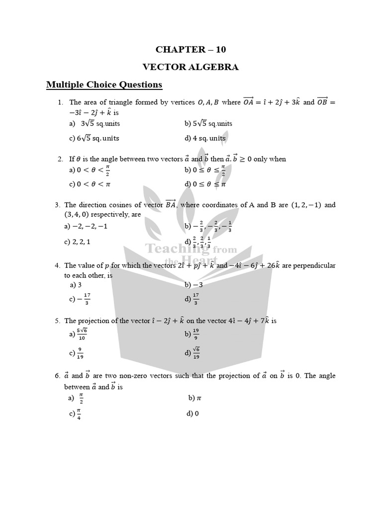 Chapter 10 Vector Algebra Multiple Choice Qstns | PDF | Mathematical ...