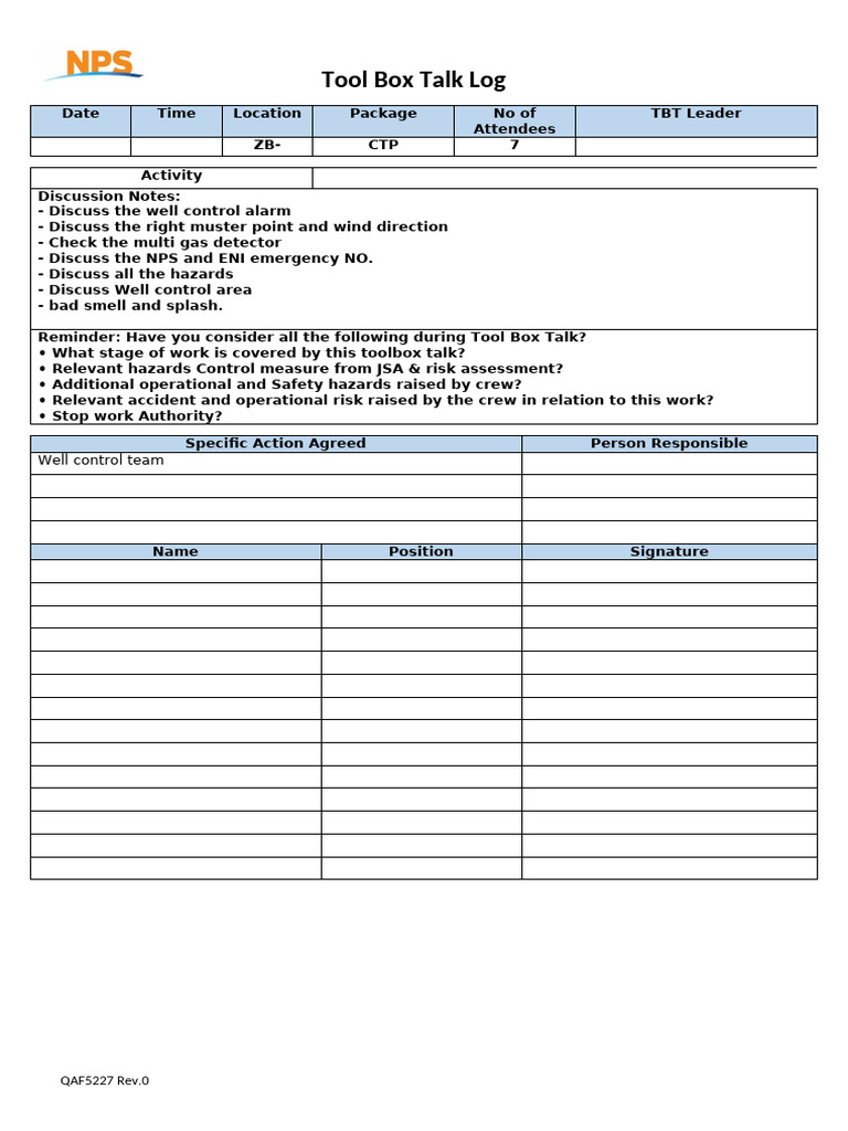 Tool Box Talk Log | PDF