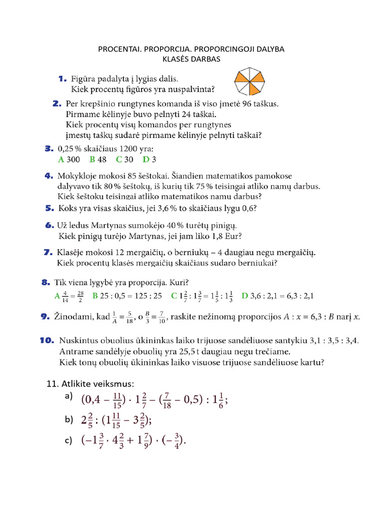 Procentai Proporcija Proporcingoji Dalyba Klases Darbas | PDF