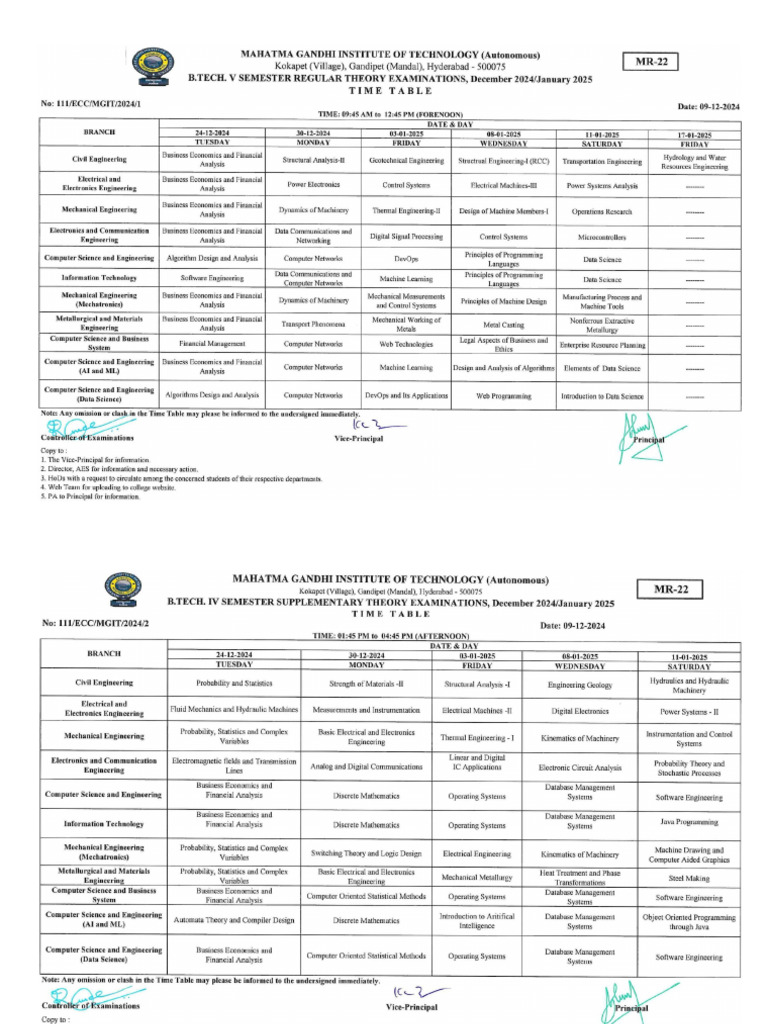 111 MR-22 BTech Timetables Dec24-Jan25 Exams-1 | PDF