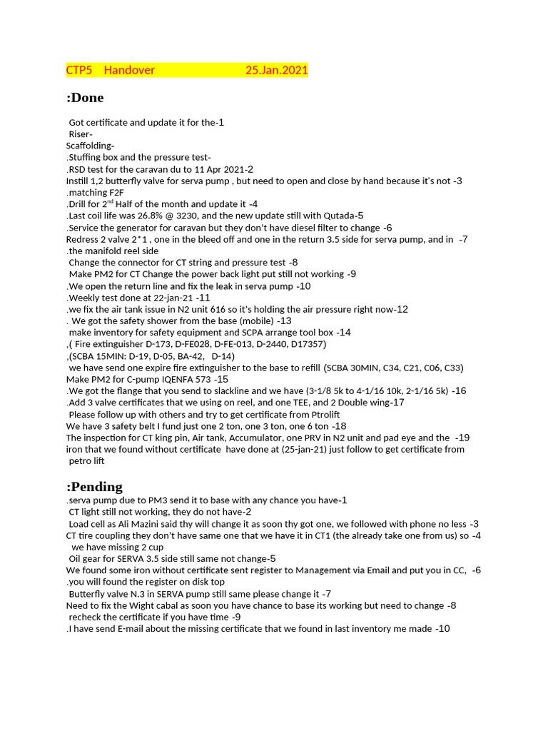 CTP-5 handover | PDF | Manufactured Goods | Equipment