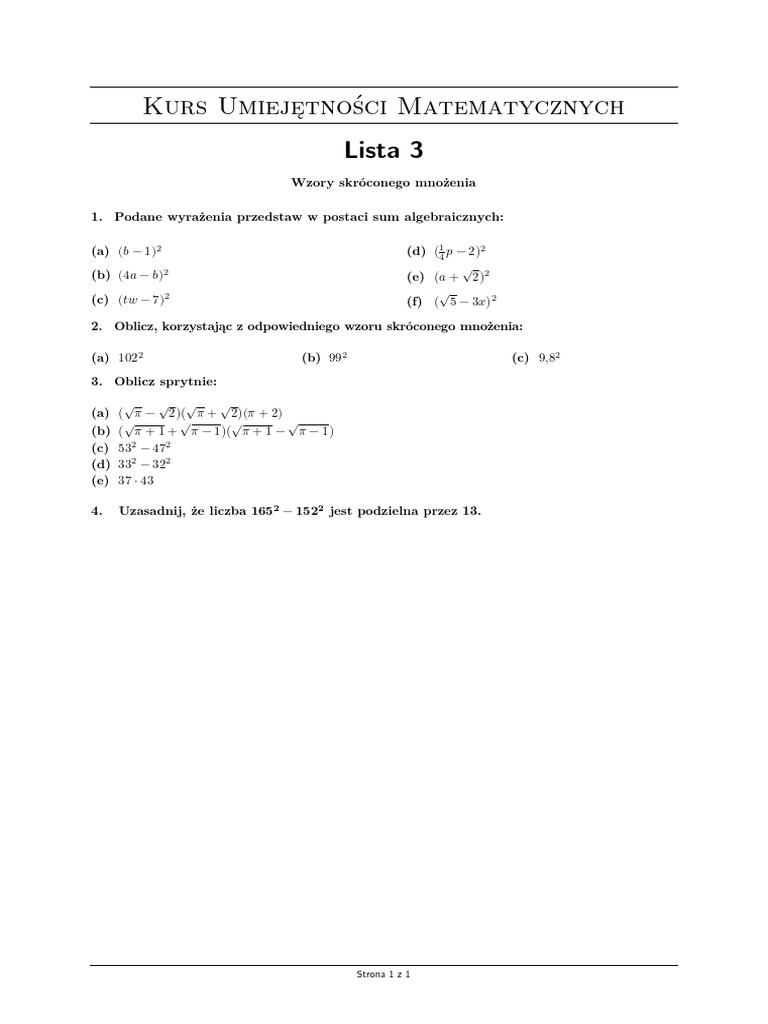 Lista 3 Wzory Skroconego Mnozenia | PDF