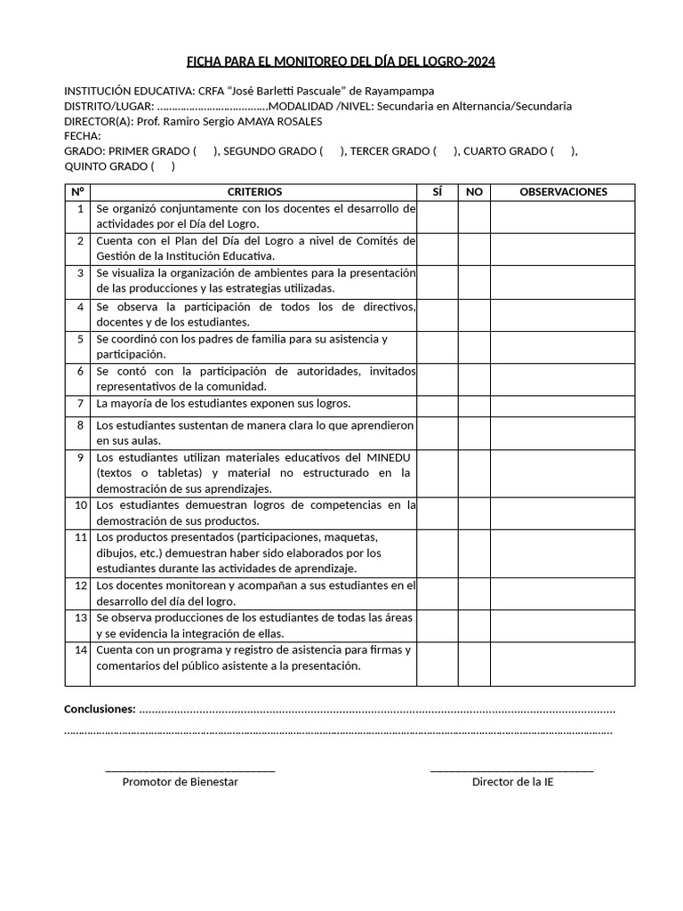 2 Ficha para El Monitoreo Del Dia Del Logro 2024 | PDF | Enseñando ...