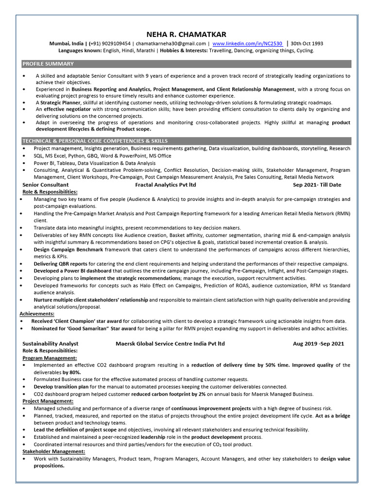 Neha Chamatkar Resume | PDF | Sustainability | Performance Indicator