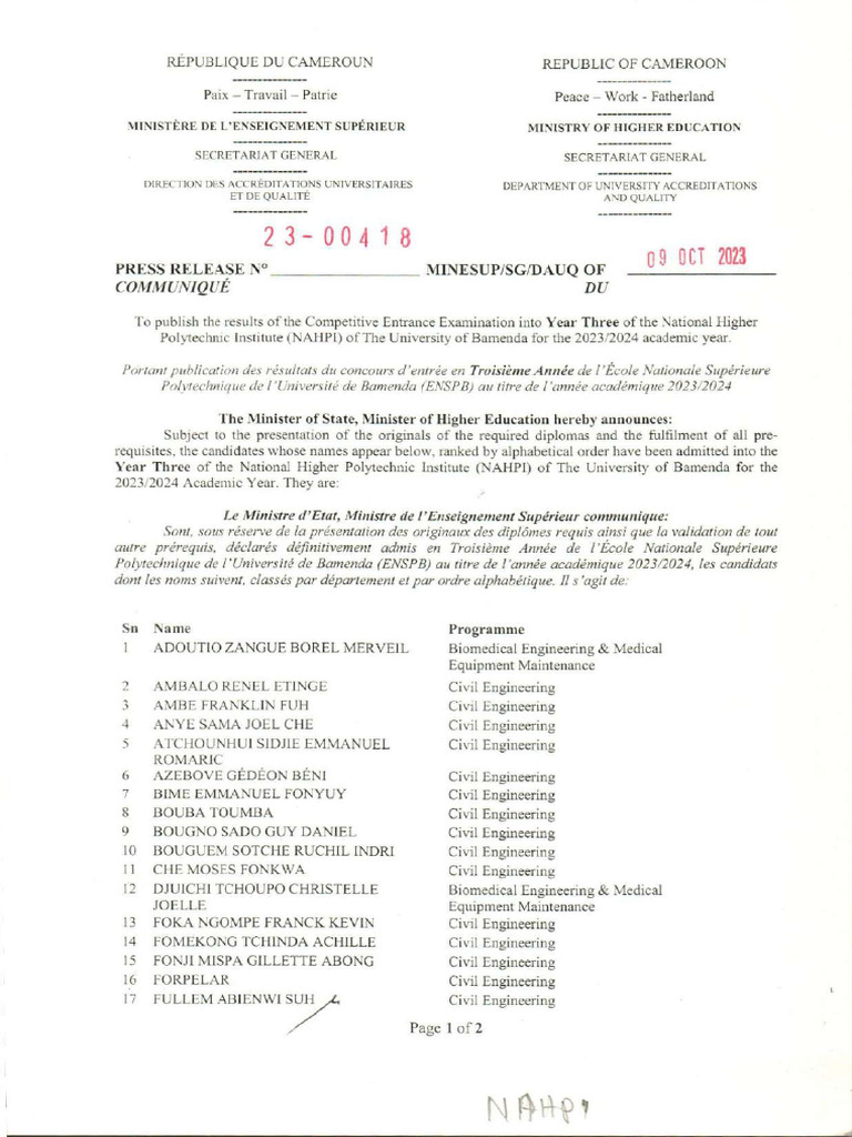 NAHPI UBa 2023 - 3e Annee | PDF