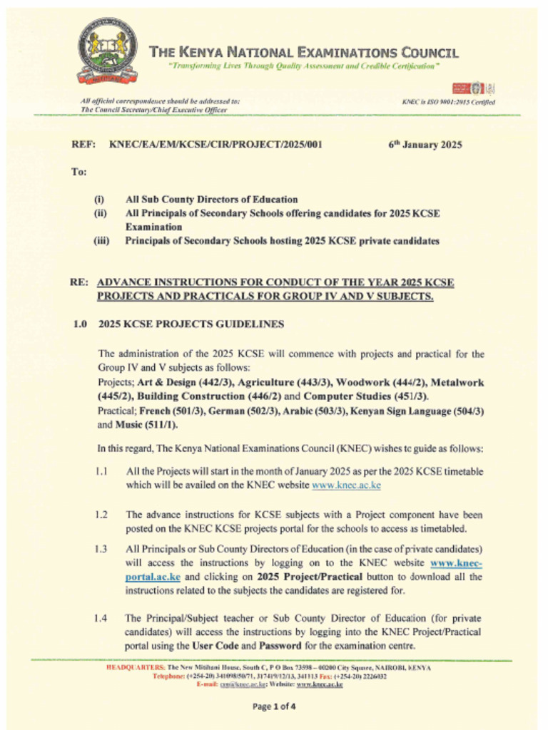 Advance Instructions For Conduct of 2025 Kcse Projects and Practicals ...
