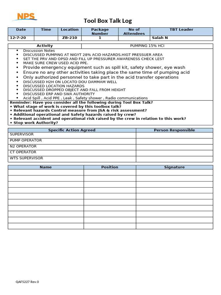 Tool Box Talk Log NIGHT SHIFTacid Pump 28% | PDF