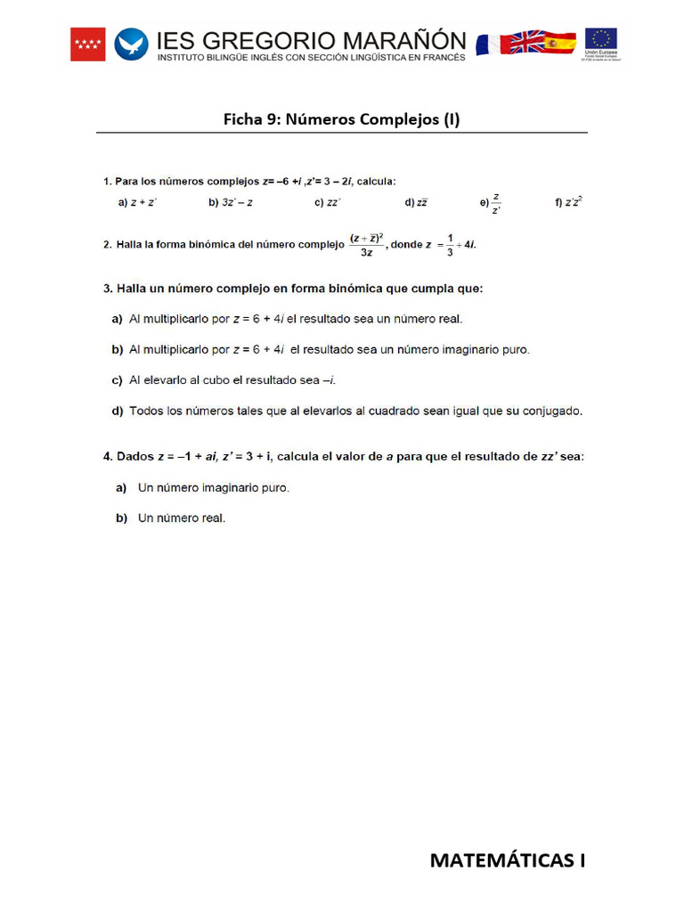 Ficha 9 Números complejos (I) | PDF