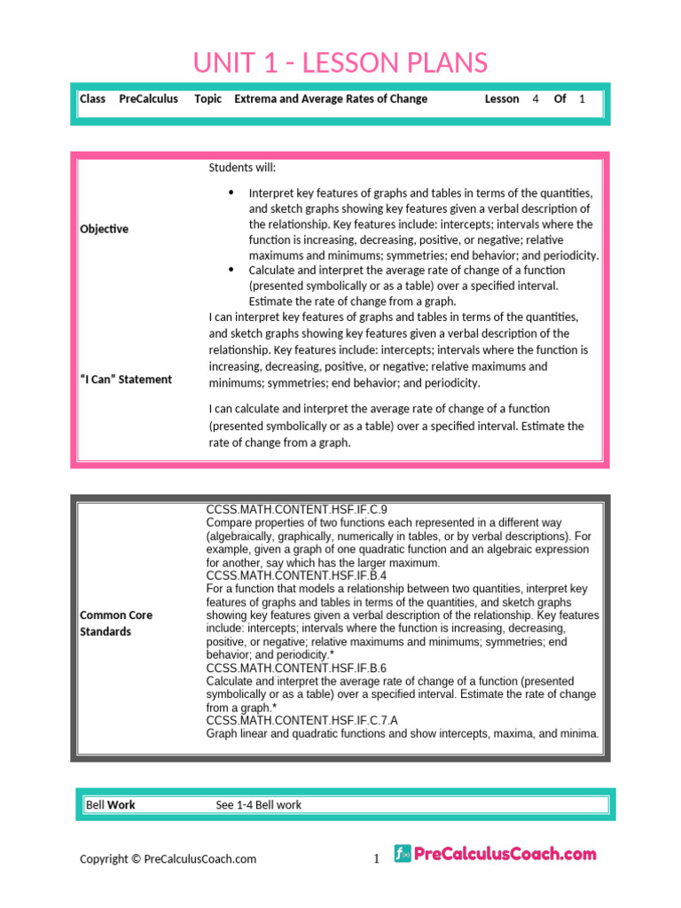 1 4 Lesson Plan Extrema and Average Rates of Change | PDF | Function ...