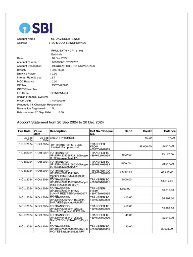 Sbi 3 Months Bank Statement | PDF
