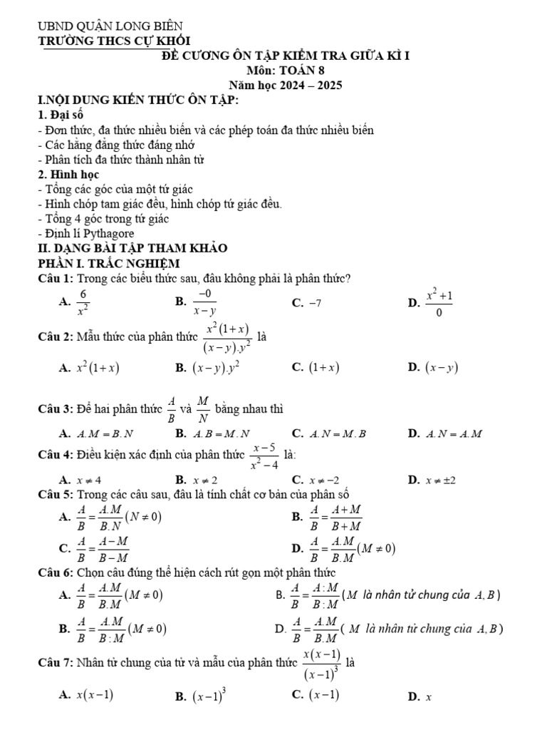 De Cuong Giua Ki 1 Toan 8 Nam 2024 2025 Truong Thcs Cu Khoi Ha Noi | PDF