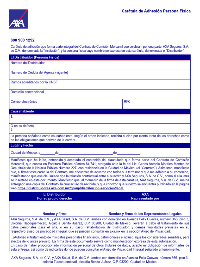 Carátula de Adhesión Persona Física AXA | PDF