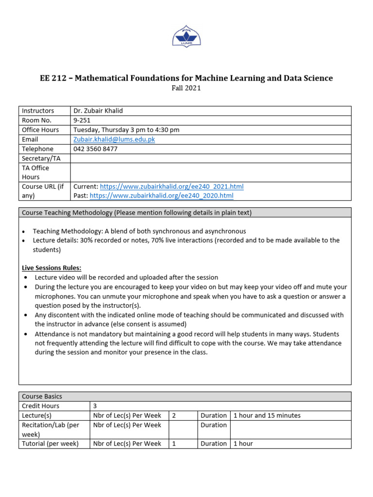 EE212 Courseoutline 2021 | PDF | Least Squares | Machine Learning