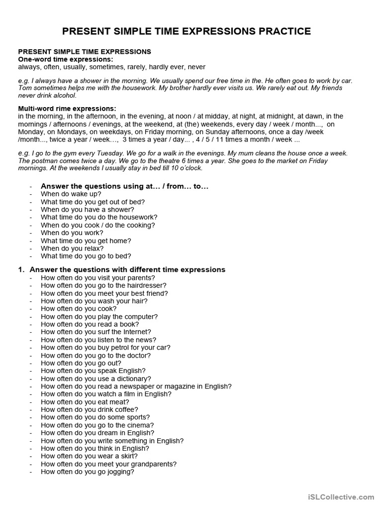 Present Simple Time Expressions | PDF | Workweek And Weekend