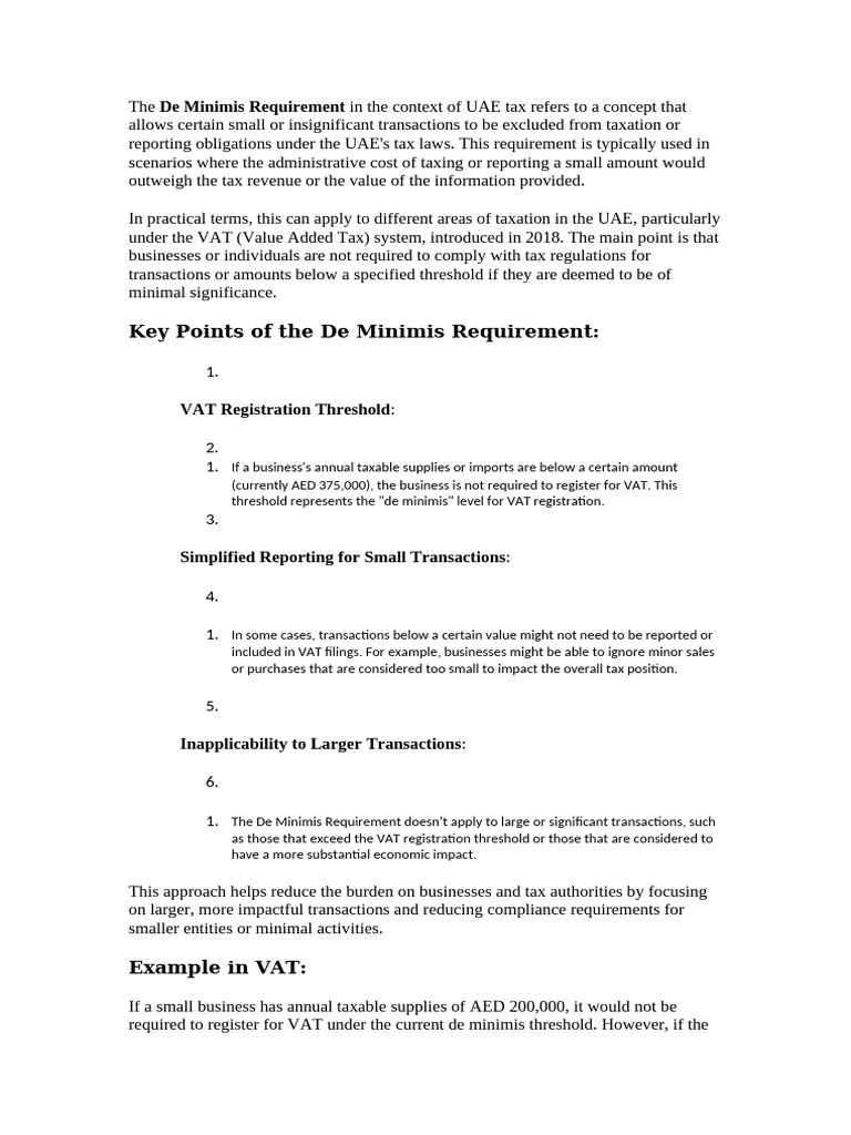 UAE De Minimis Tax Requirement Explained | PDF