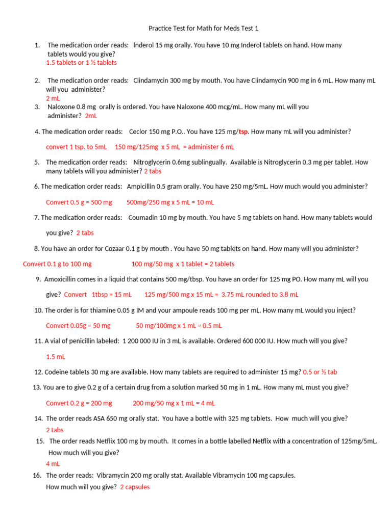 Math for Meds Practice Test | PDF | Pharmacology | Drugs