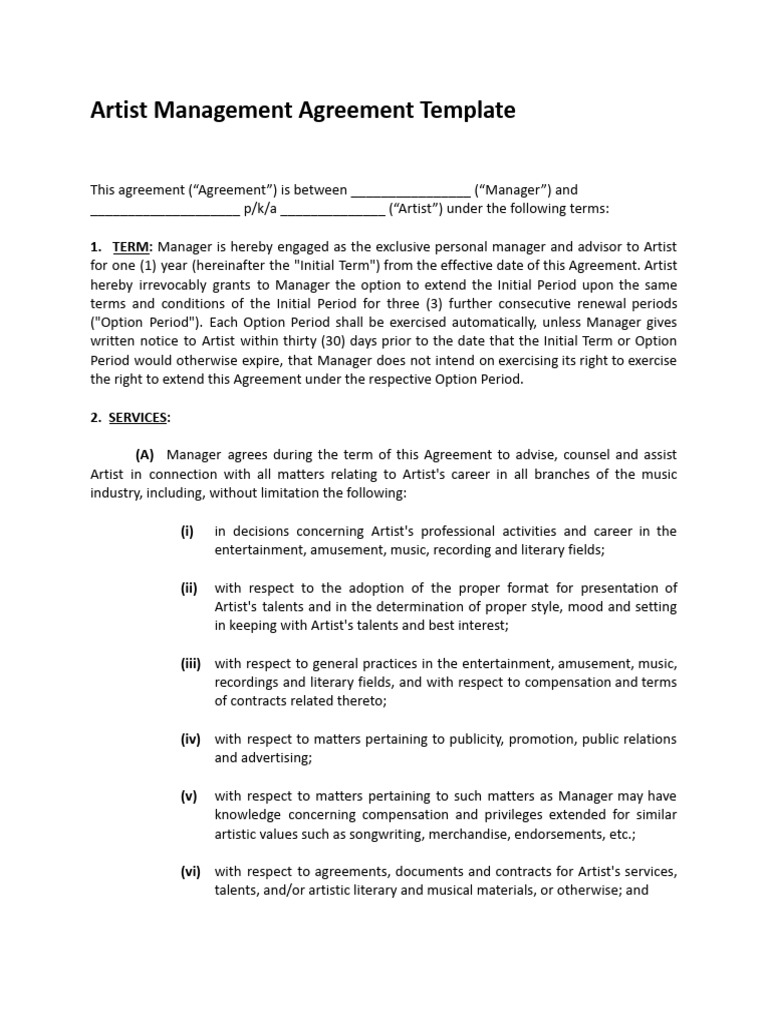 Artist Management Agreement Sample | PDF | Partnership | Breach Of Contract