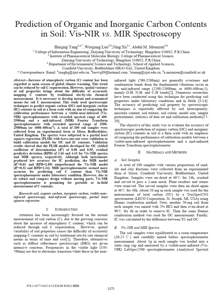 Prediction of Organic and Inorganic Carbon Contents in Soil Vis-NIR and MIR Spectroscopy | PDF ...
