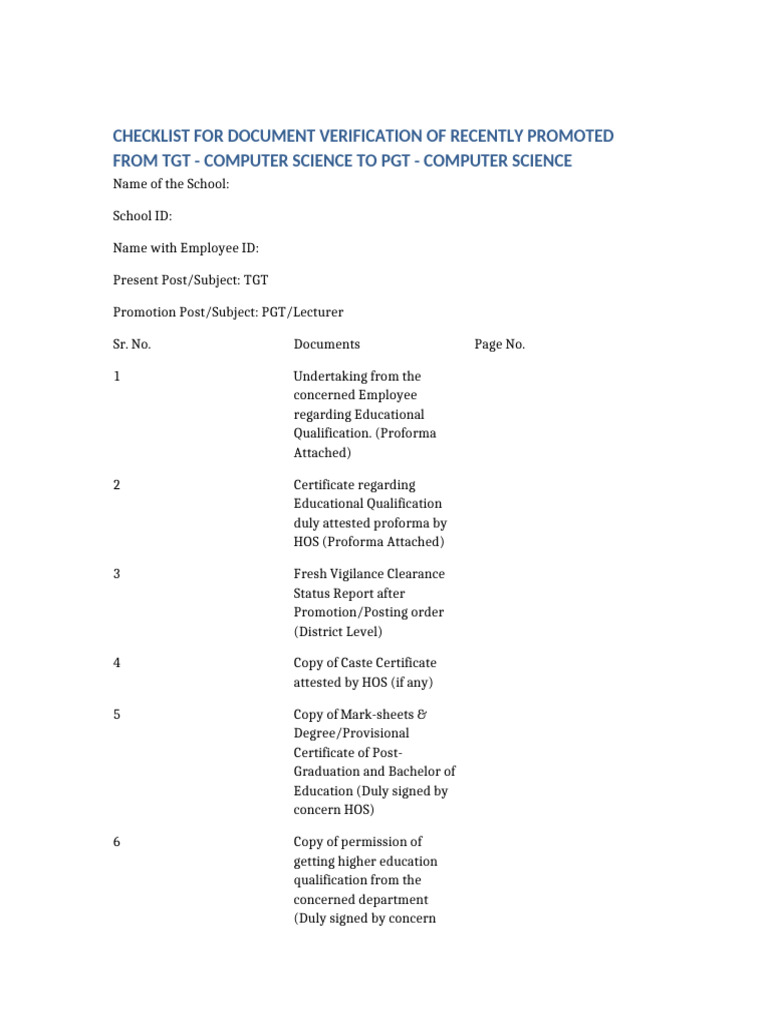Document Verification Checklist for PGT Promotion | PDF
