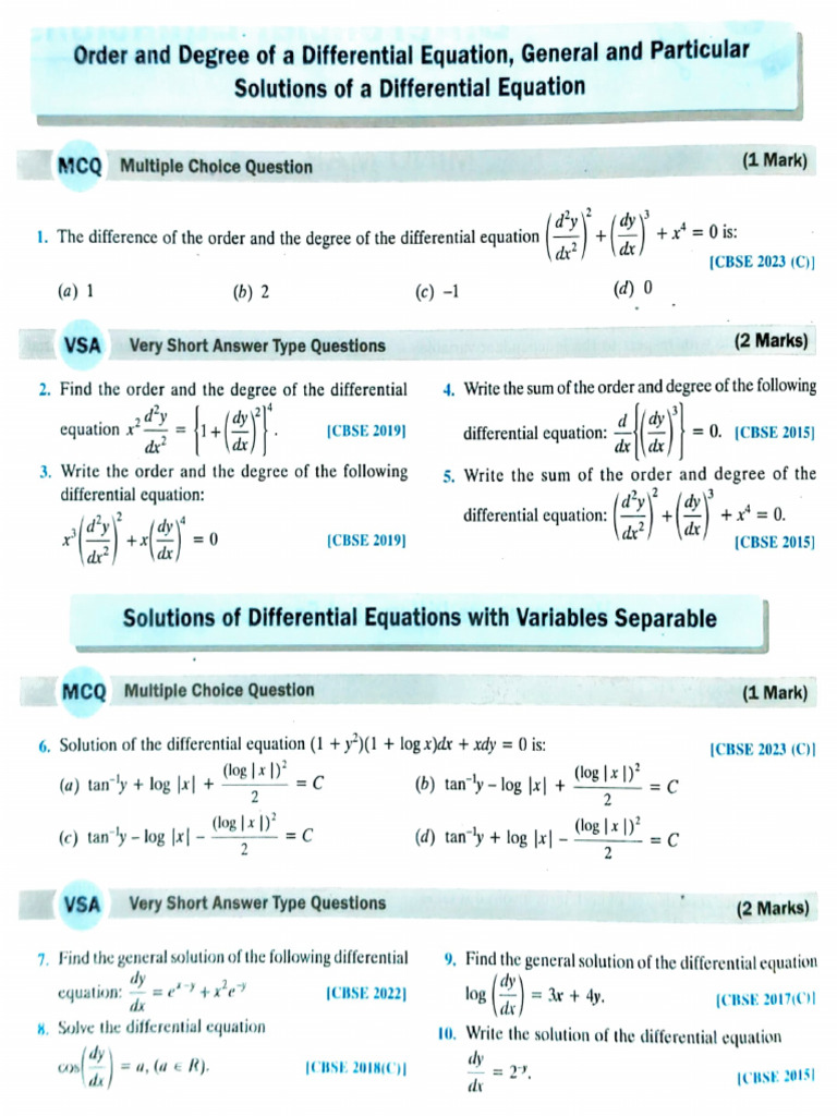 Differential Equations: Order, Degree, Solutions | PDF | Equations ...