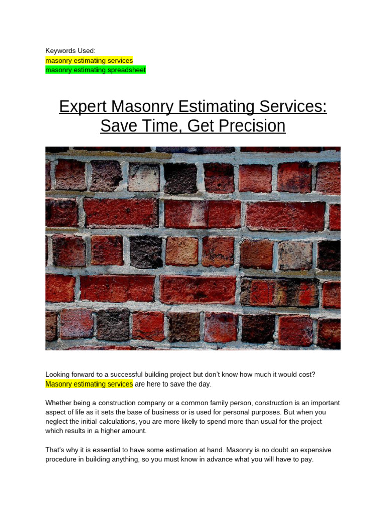 Masonry Estimating Services - Guest Post | PDF | Spreadsheet | Brick
