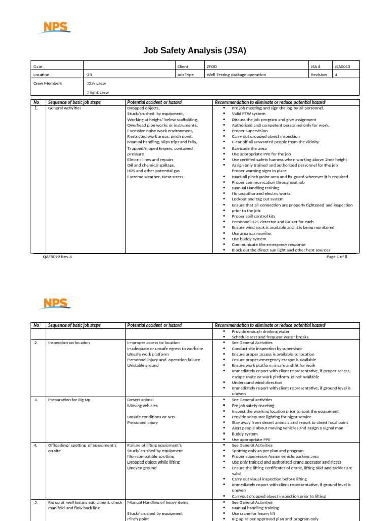 JSA0013 Rev.1 Well Testing | PDF | Personal Protective Equipment | Pump