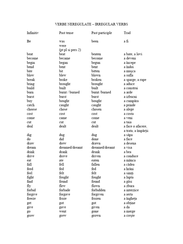 Verbe Neregulate Irregular Verbs | PDF | Grammar | Syntax