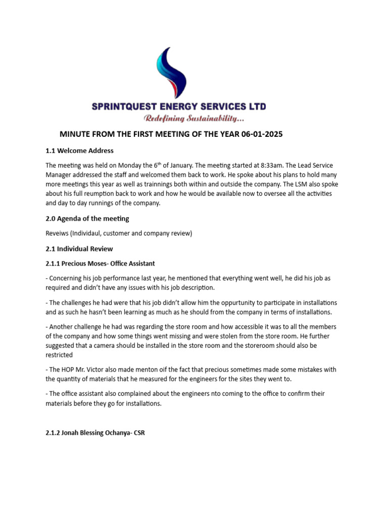 First Meeting Minutes - January 2025 | PDF