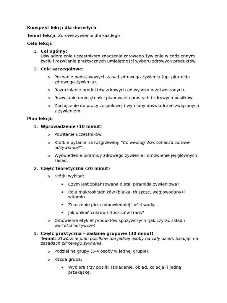 Konspekt Lekcji Dla Dorosłych | PDF