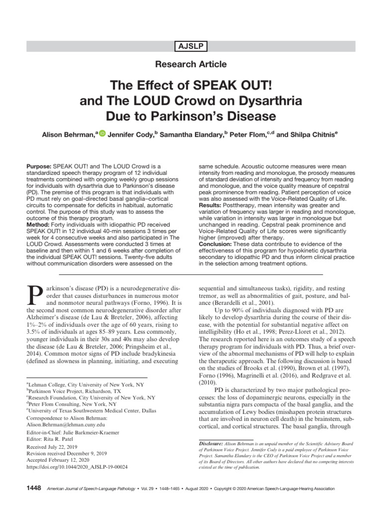 The Effect of SPEAK OUT! and The LOUD Crowd On Dysarthria Due To ...