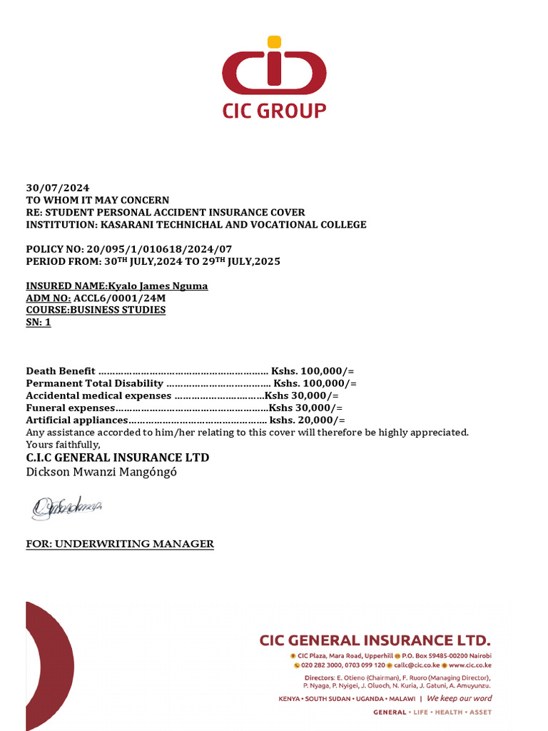Kasarani Tvc Student Insurance Letters 2024 July | PDF | Insurance | Cigna
