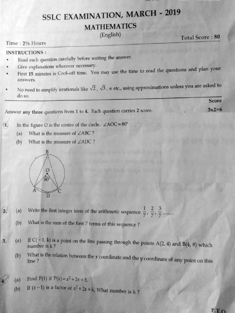 MATHS Question Paper English Medium SSLC Exam March 2019 | PDF