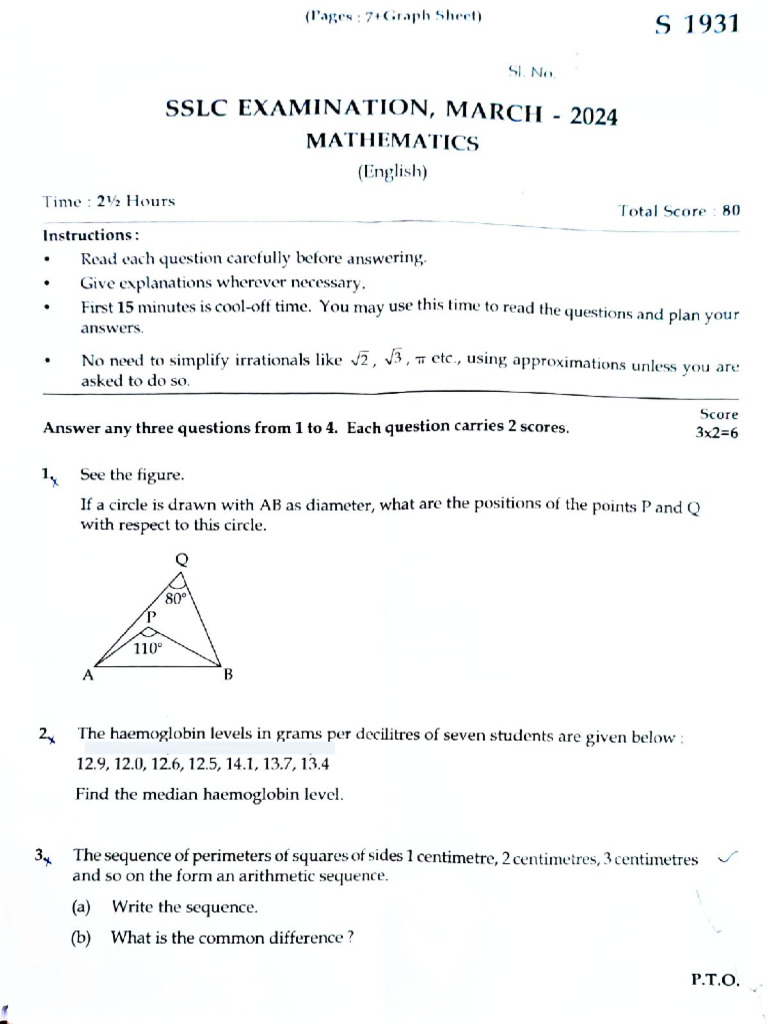 Kerala SSLC Exam 2024 Maths Question Paper EM 11.03.2024 | PDF