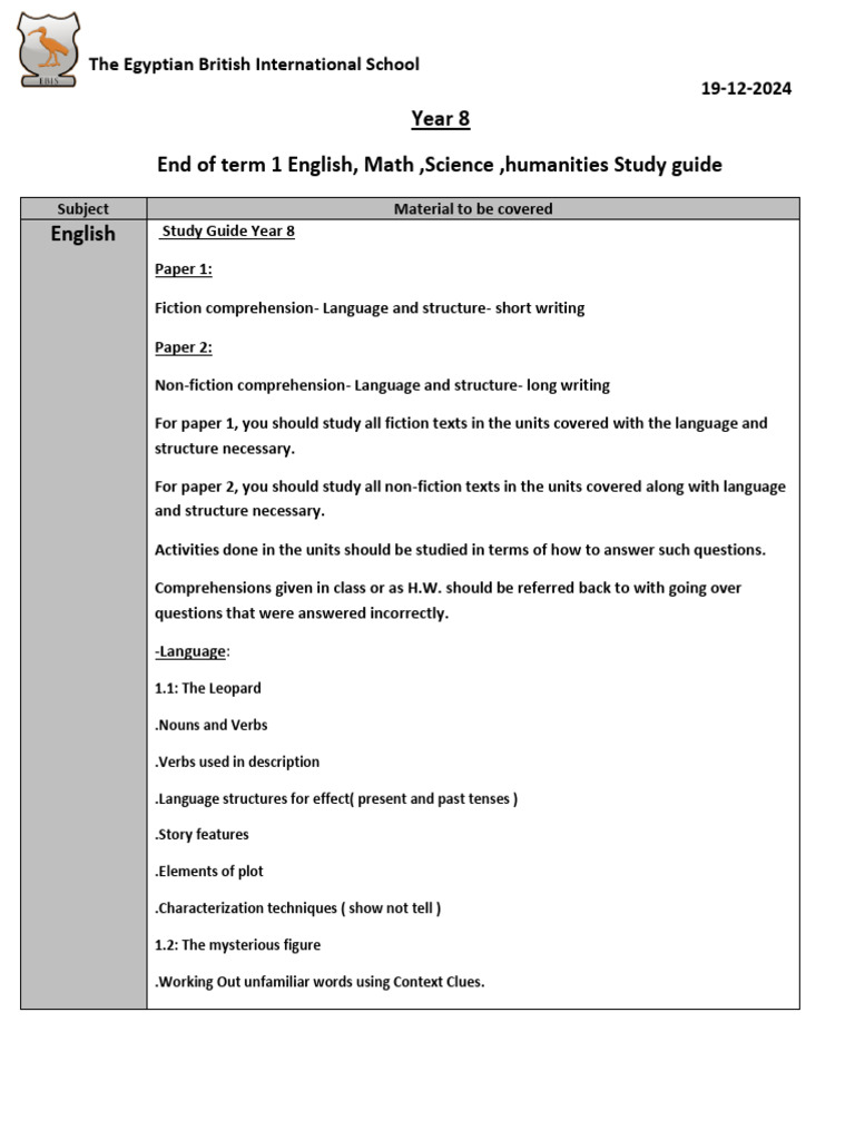 Year 8 End of Term 1 English, Math, Science, Humanities Study Guide ...