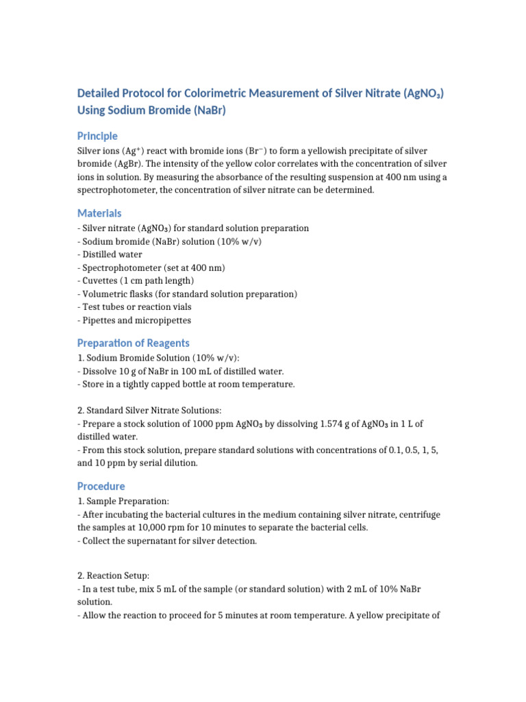 Colorimetric Silver Nitrate Measurement Protocol | PDF | Precipitation ...