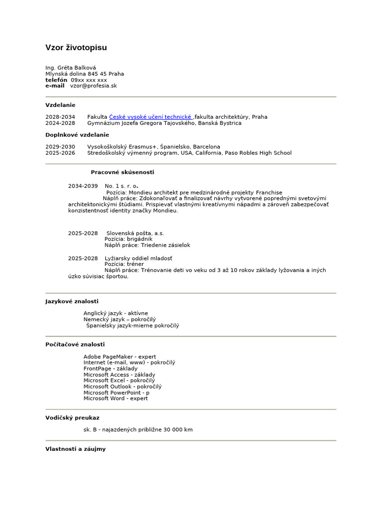 Štruktúrovaný Životopis Vzor | PDF