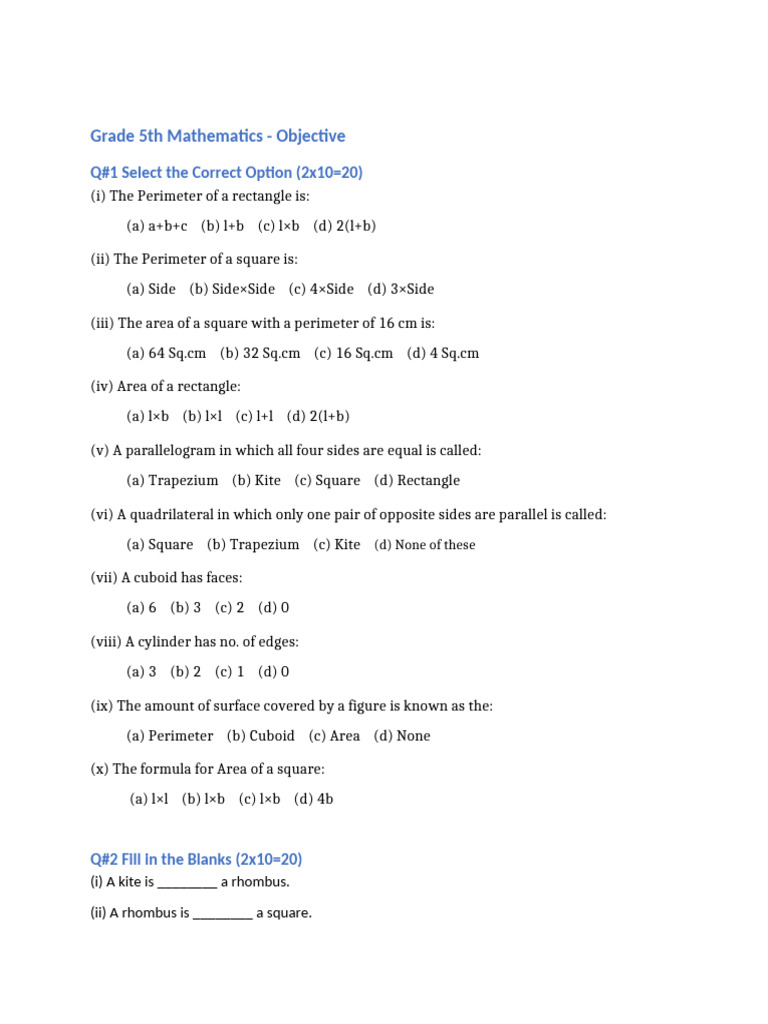 Grade 5th Mathematics Combined | PDF | Area | Rectangle