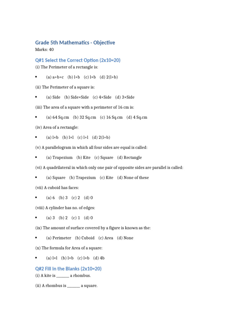 Grade5 Mathematics Objective | PDF