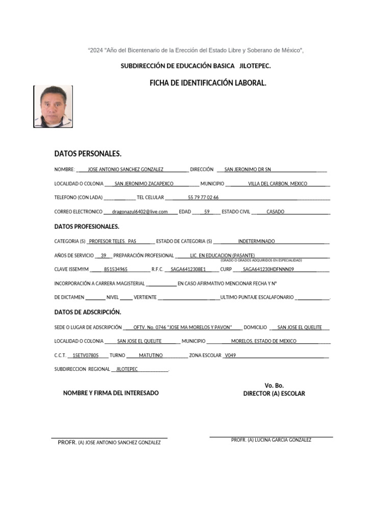 Ficha de Identificación Laboral 2024 | PDF | Gobierno