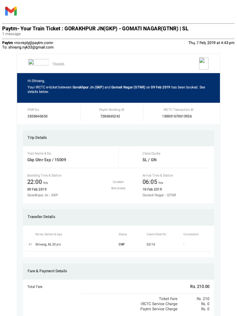 Paytm Train Ticket: Gorakhpur to Gomati | PDF | Fee | Payments
