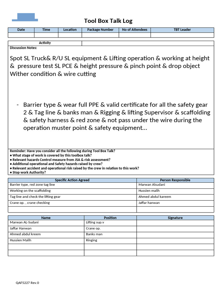 QAF5227 Rev.0 Tool Box Talk Log | PDF