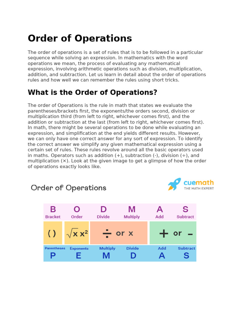 Order of Operations MATHS | PDF | Bracket | Elementary Mathematics