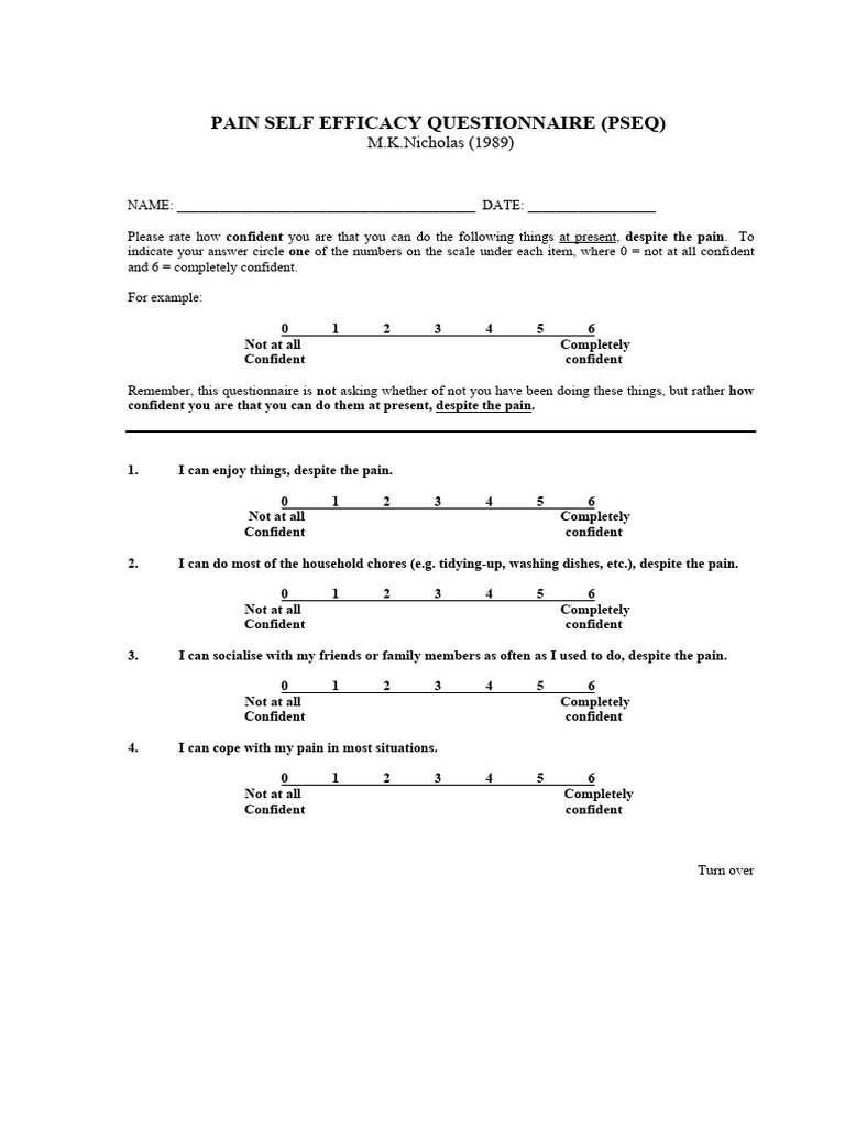 Pain Self-Efficacy Questionnaire en | PDF | Psychology | Self Efficacy