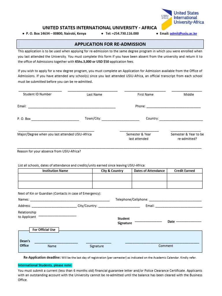 USIU-Africa Re-Admission Application | PDF