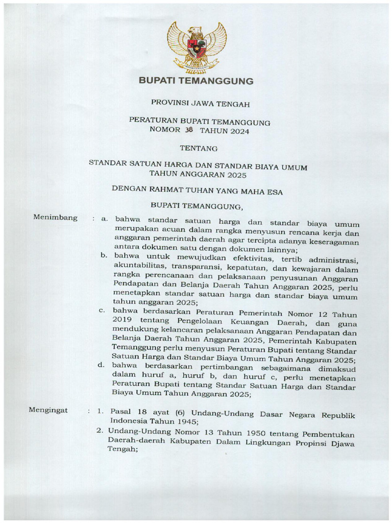 Peraturan Bupati No 38 Tahun 2024 Tentang Standar Satuan Harga Dan ...