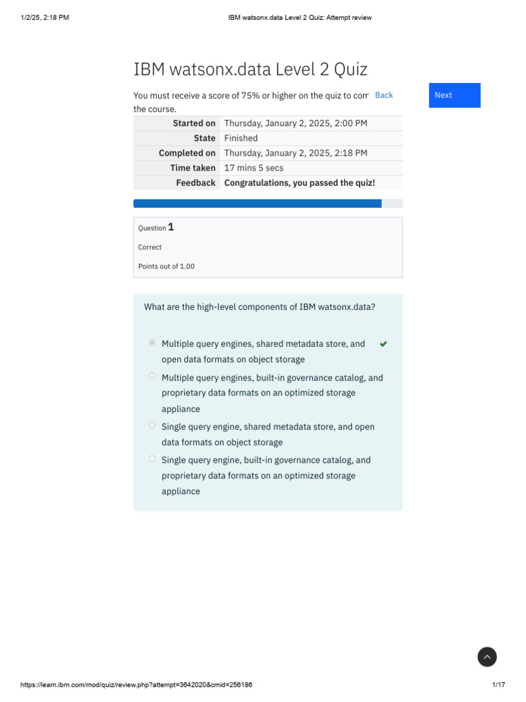 IBM Watsonx - Data Level 2 Quiz - Attempt Review | PDF | Cloud Computing | Apache Hadoop