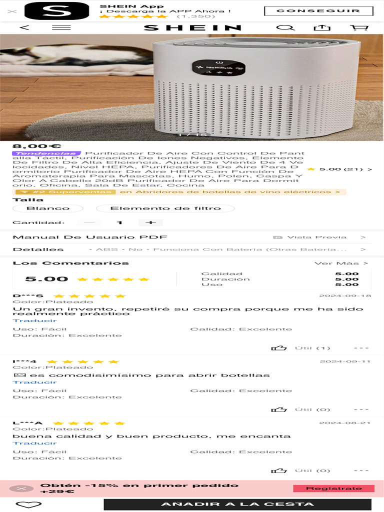 Httpsm.shein.comesAn Air Purifier With Touch Screen Control Negative Ion Purification High ...